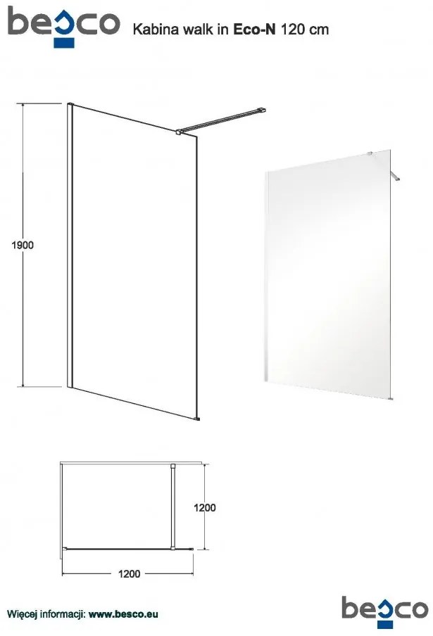 BESCO Walk-in sprchový kout ECO-N BARVA rámu - Chrom/Leštěný hliník (ALU), Pevná stěna - Bez pevné stěny, Rozměr A - 120 cm, Rozměr C - 195 cm, Výplň - Čiré bezpečnostní sklo - 6 mm BCEXON120CC