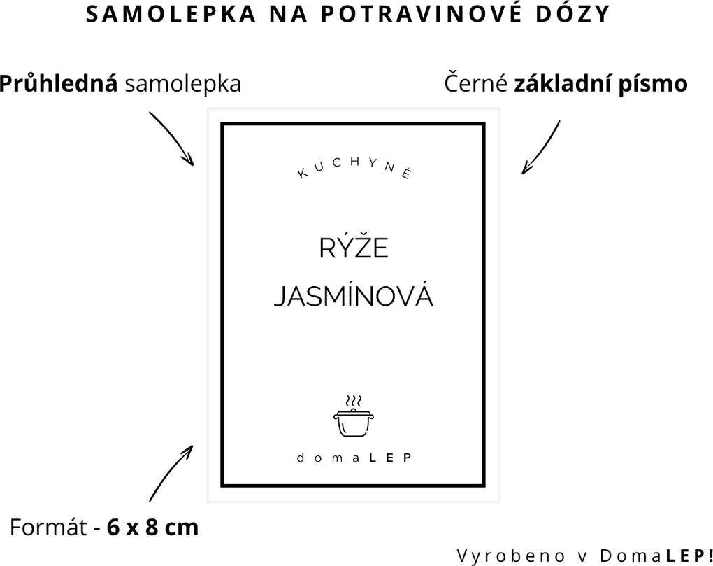 RÝŽE JASMÍNOVÁ - omyvatelná samolepka na dózu, výběr rozměrů Ø 5 cm / 5 x 5 cm / 6 x 8 cm | DomaLEP tvar: ČTVEREC, barva: PRŮHLEDNÁ - ČERNÉ písmo, velikost: š. 5 cm x v. 5 cm - základní písmo