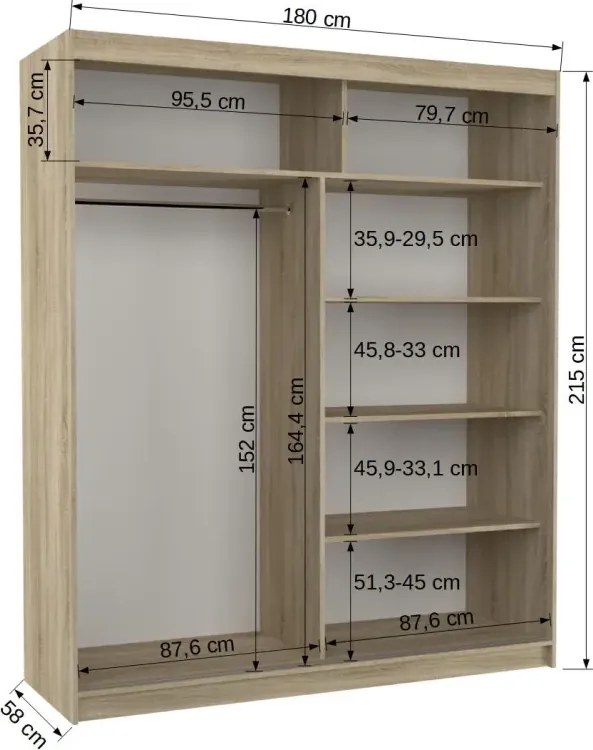 Posuvná skříň se zrcadlem a LED osvětlením TRAVES 180 choco