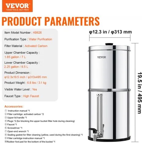 Gravitační vodní filtr z nerezu 8,5 l se 2 filtry – k8626