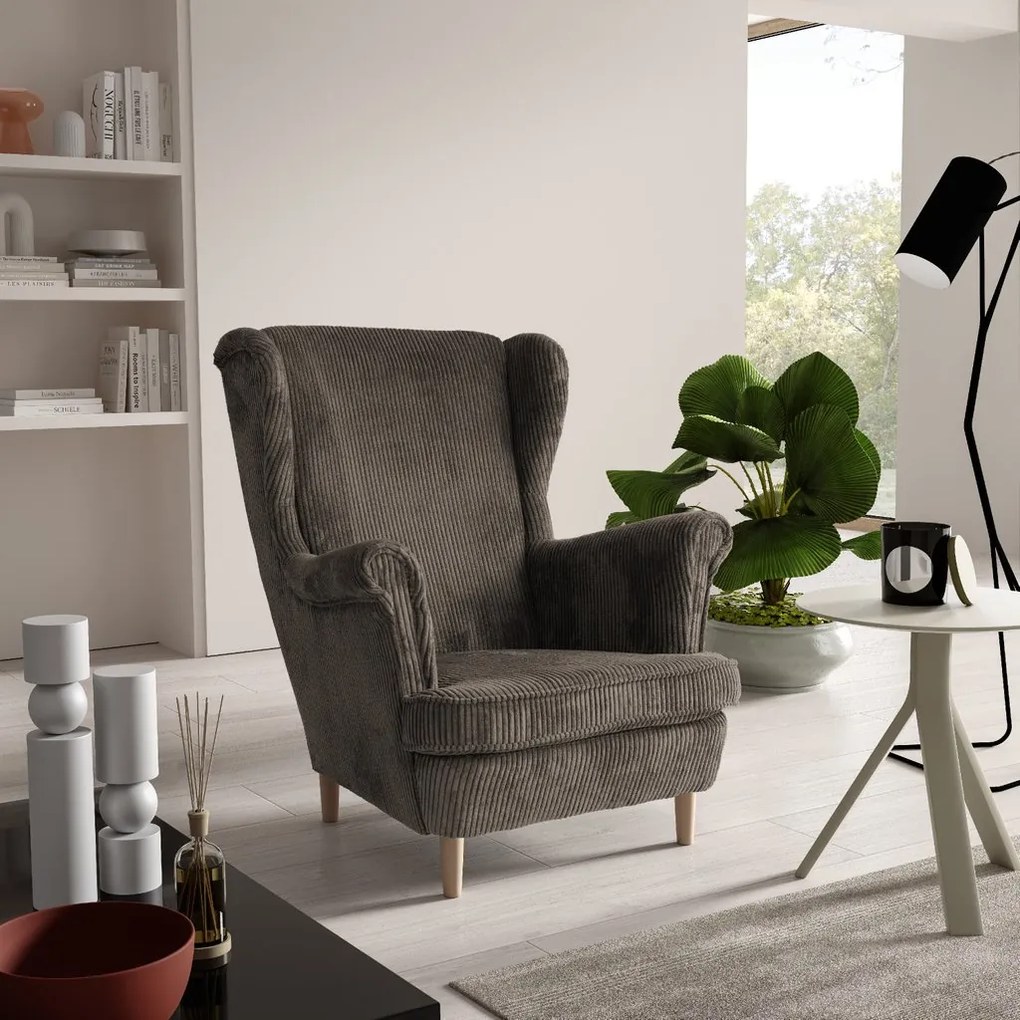 Eka Křeslo ušák MAYA Výběr nohou: Bílé, Barva látky: Tmavě šedá (Poso 60)