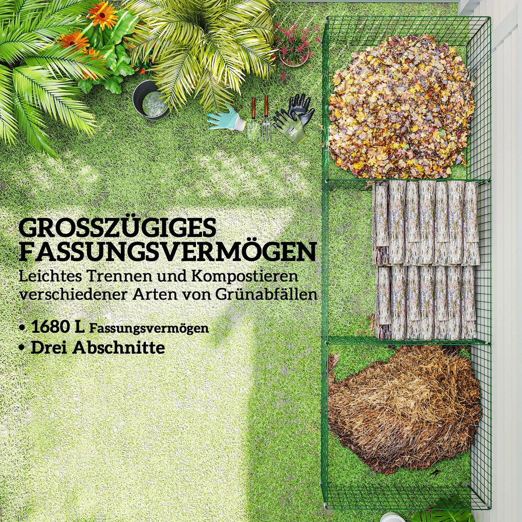 Kompostér 1680 litrů, 270 x 90 x 70 cm Třídílný rychlokompostér z oceli, odolný proti povětrnostním vlivům Zelený