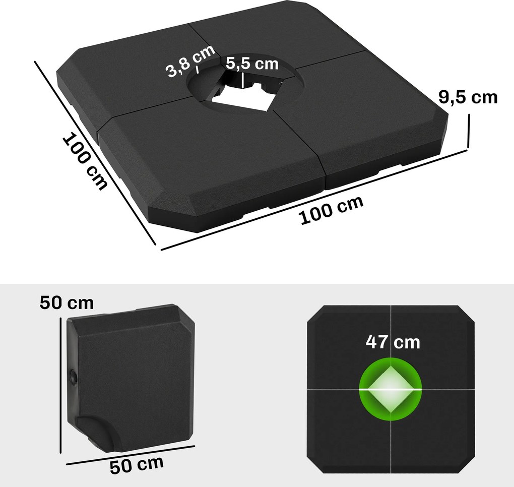 Outsunny Zátěž na deštníky Outsunny, 4dílný stojan na deštníky, lze naplnit 80 kg vody nebo 120 kg písku, HDPE, černá, 100 x 100 x 9,5 cm | Aosom