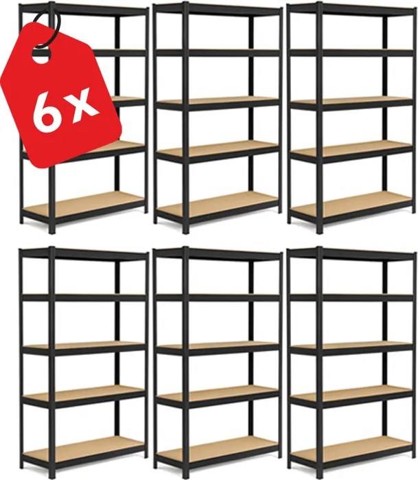 Regál 200x100x30 cm lakovaný 5-policový, nosnost 875 kg - černý - 6ks