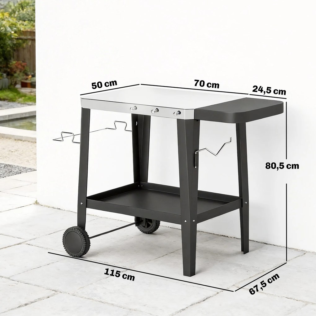 Kuchyňský vozík s kolečky Servírovací vozík s háčky Držák na papírové role Stojan na odpadkové koše Nerezová ocel 115 x 67,5 x 80,5 cm Černá barva