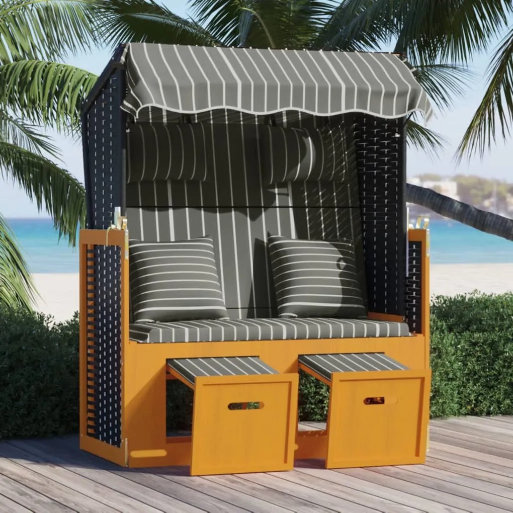 Strandkorb s polštáři polyratan a masivní dřevo černý a šedý 318666