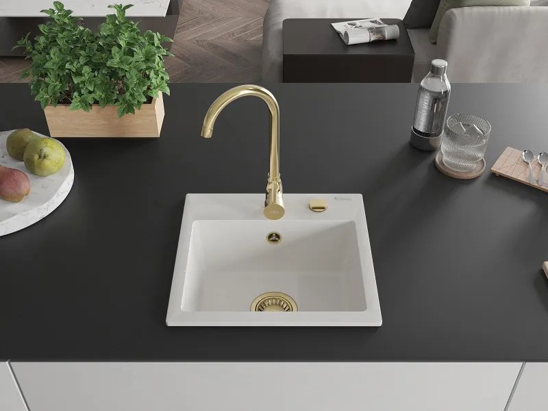 Mexen Milo, granitový dřez 435x410x171 mm, 1-komorový, bílá se zlatým sifonem, 6505441000-20-G