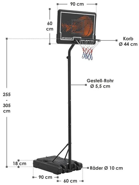 Basketbalový koš s nastavitelnou výškou 255 - 305 cm