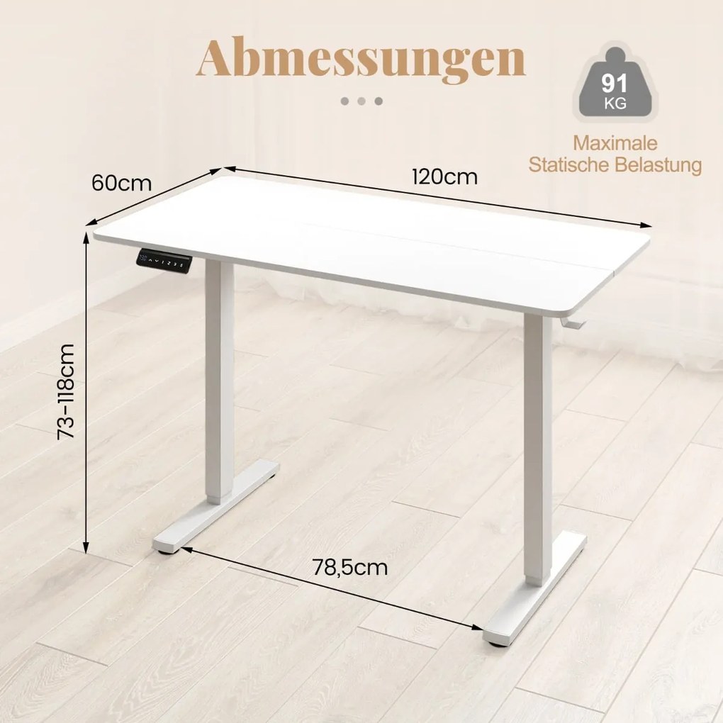 Costway Výškově nastavitelný stůl s hákem Elektrický stojící – 120 × 60 cm