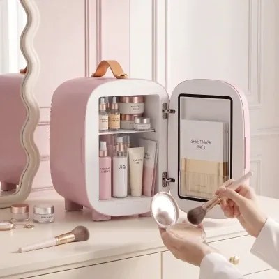 HOMCOM Mini lednička, lednička Beauty Fridge, objem 4 L, 20,3 x 26,3 x 28 cm, růžová