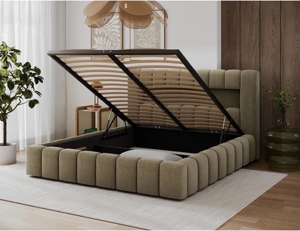 Světle hnědá čalouněná dvoulůžková postel s úložným prostorem s roštem 180x200 cm Lamica – ELTAP