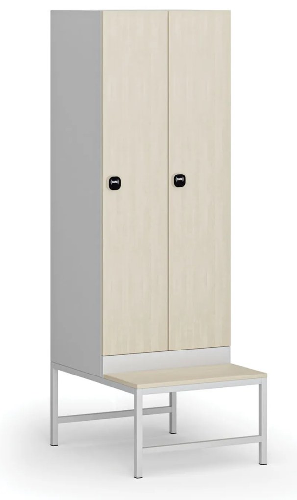 Šatní skříňka S1 s lavičkou, 2 oddíly, 1875 x 600 x 500/800 mm, RFID zámek, laminované dveře, bříza