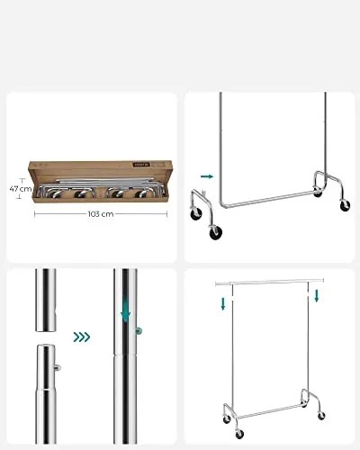 Stojan na oblečení IRENE na kolečkách, max.130kg, 150x45x160cm, stříbrná SongmicsHome