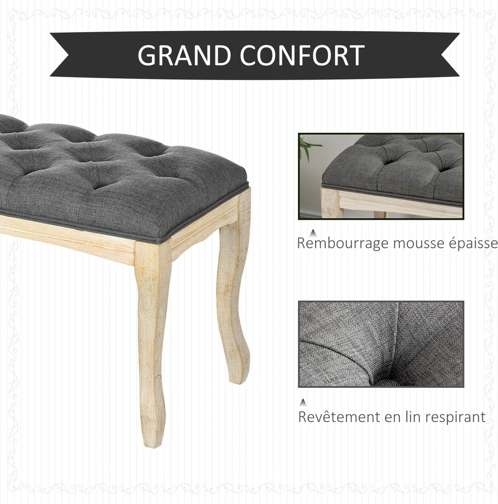 HOMCOM Čalouněná lavice s knoflíky v klasickém chic stylu 110 cm na konec postele, čalouněná lnu, nohy z kaučukového dřeva šedá