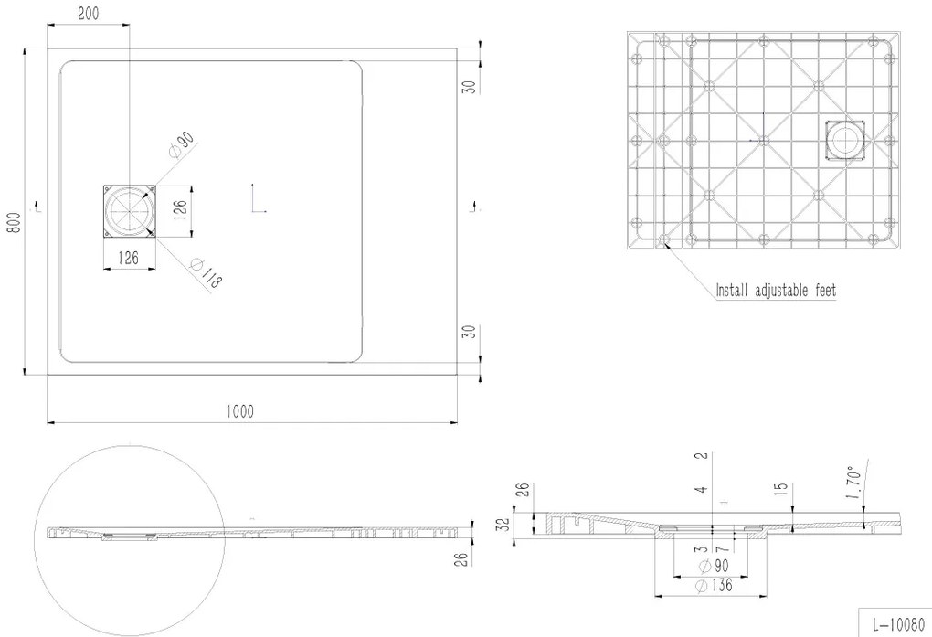 Erga Hyper, SMC sprchová vanička 100x80x2, 6 cm + sifon, bílá matná, ERG-V06-SMC-8010S-WH