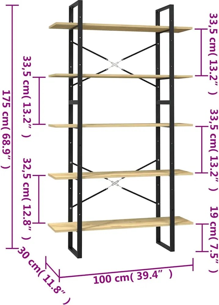 Knihovna s 5 policemi 100 x 30 x 175 cm borové dřevo 3082003