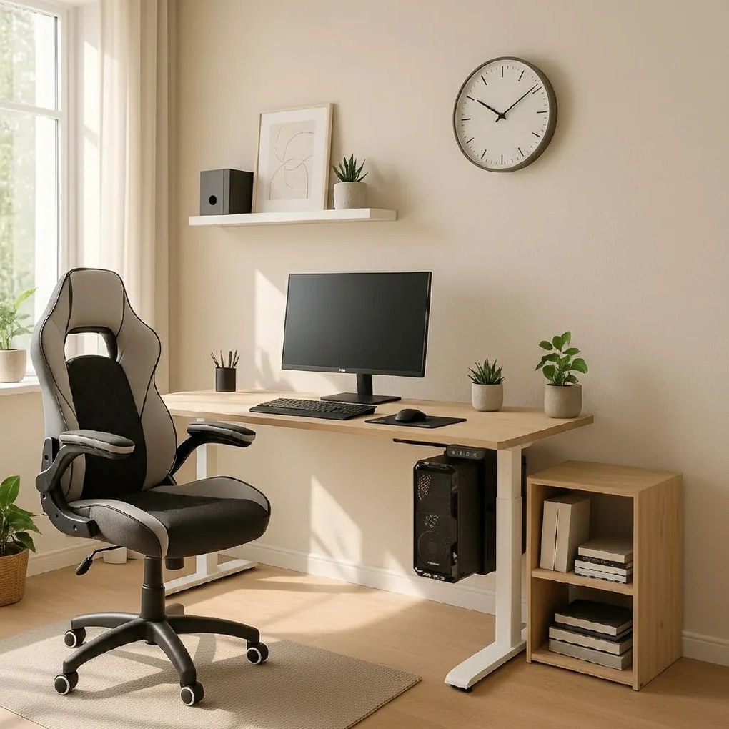 Výškově nastavitelný stůl OfficeTech A, 140 x 80 cm, bílá podnož, dub