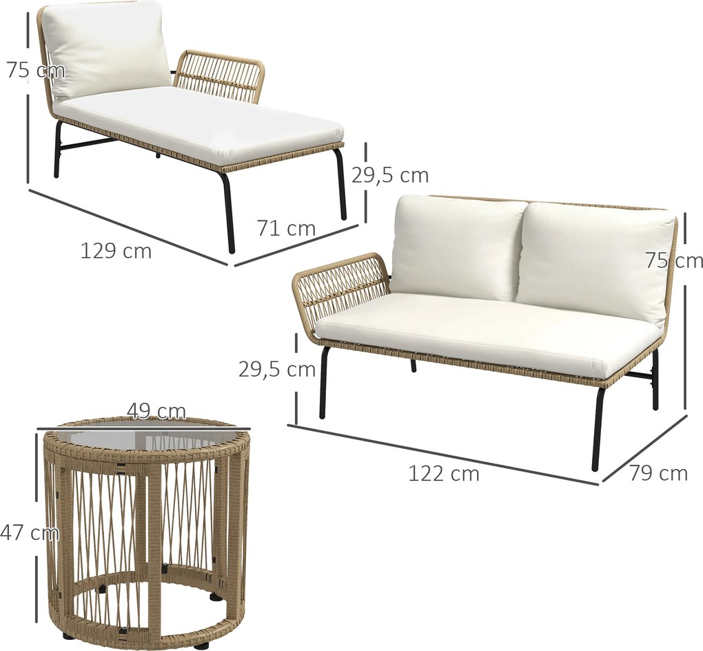 Outsunny Ratanový zahradní nábytek zahradní set s lehátkem, konferenčním stolkem, dvojsedákem a krémovým polštářem na terasu a balkon |
