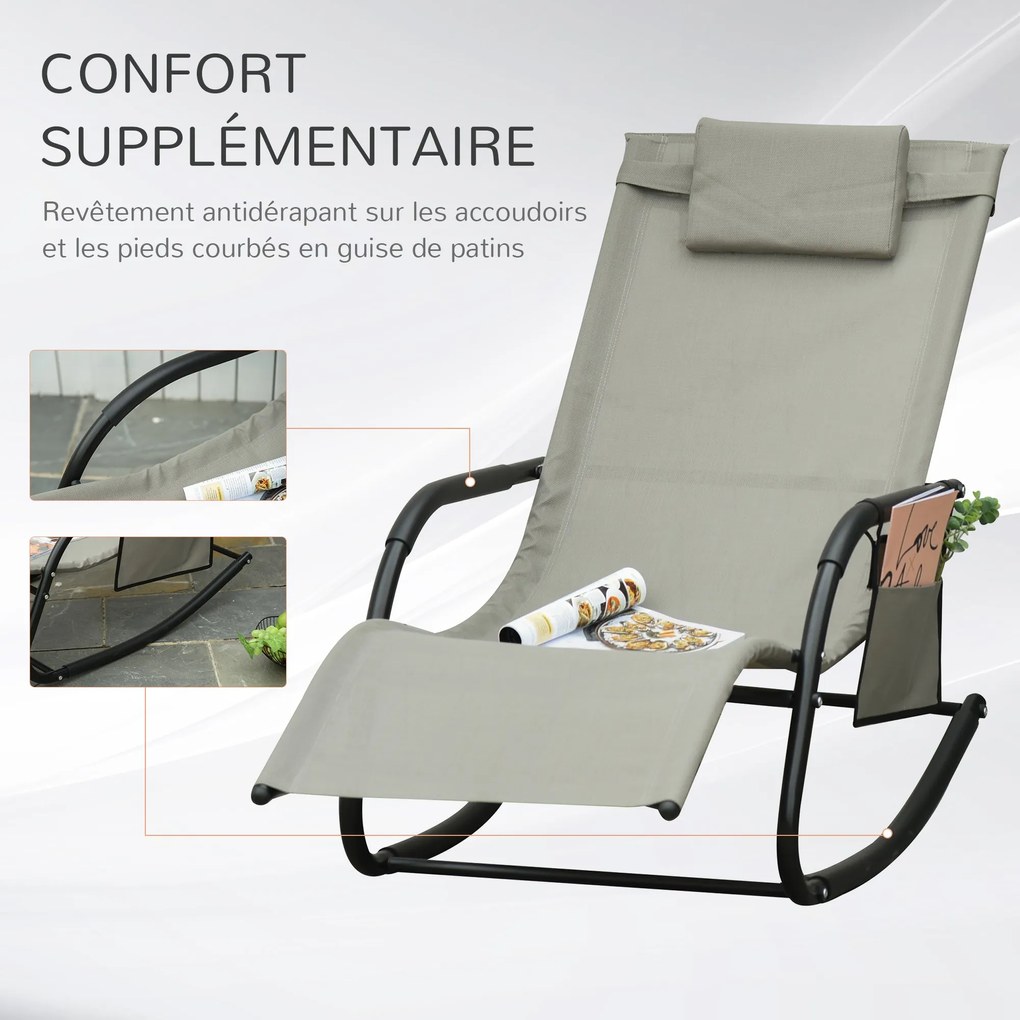 Ergonomické houpací křeslo Outsunny - odnímatelný polštářek, opěrky na ruce, úložný pocket - světle šedý kovový epoxidový textilene | Aosom