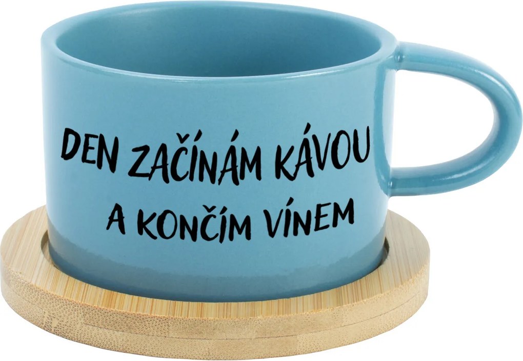 DEN ZAČÍNÁM KÁVOU A KONČÍM VÍNEM - modrý hrníček makronka 200 ml
