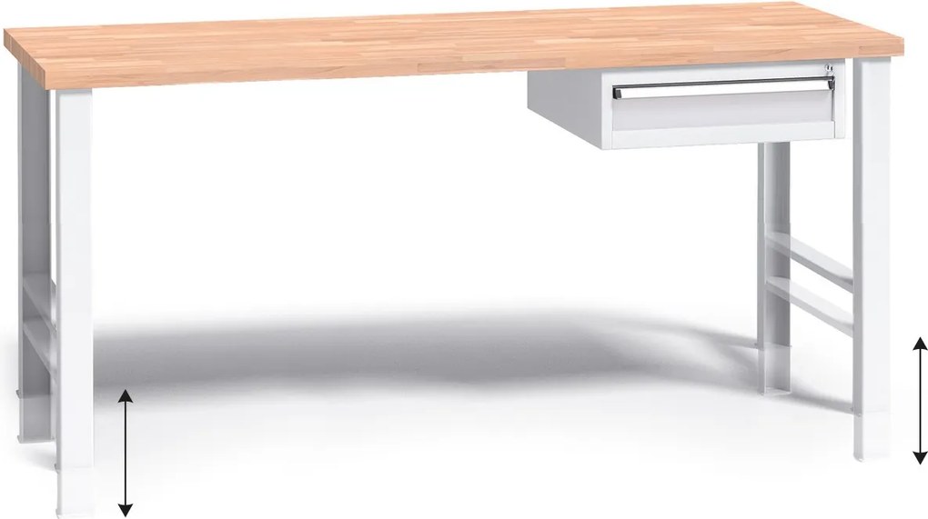 Výškově nastavitelný pracovní stůl do dílny G3 se závěsným boxem na nářadí, buková spárovka, 1 zásuvka, 1700 x 685 x 840 - 1050 mm, šedá
