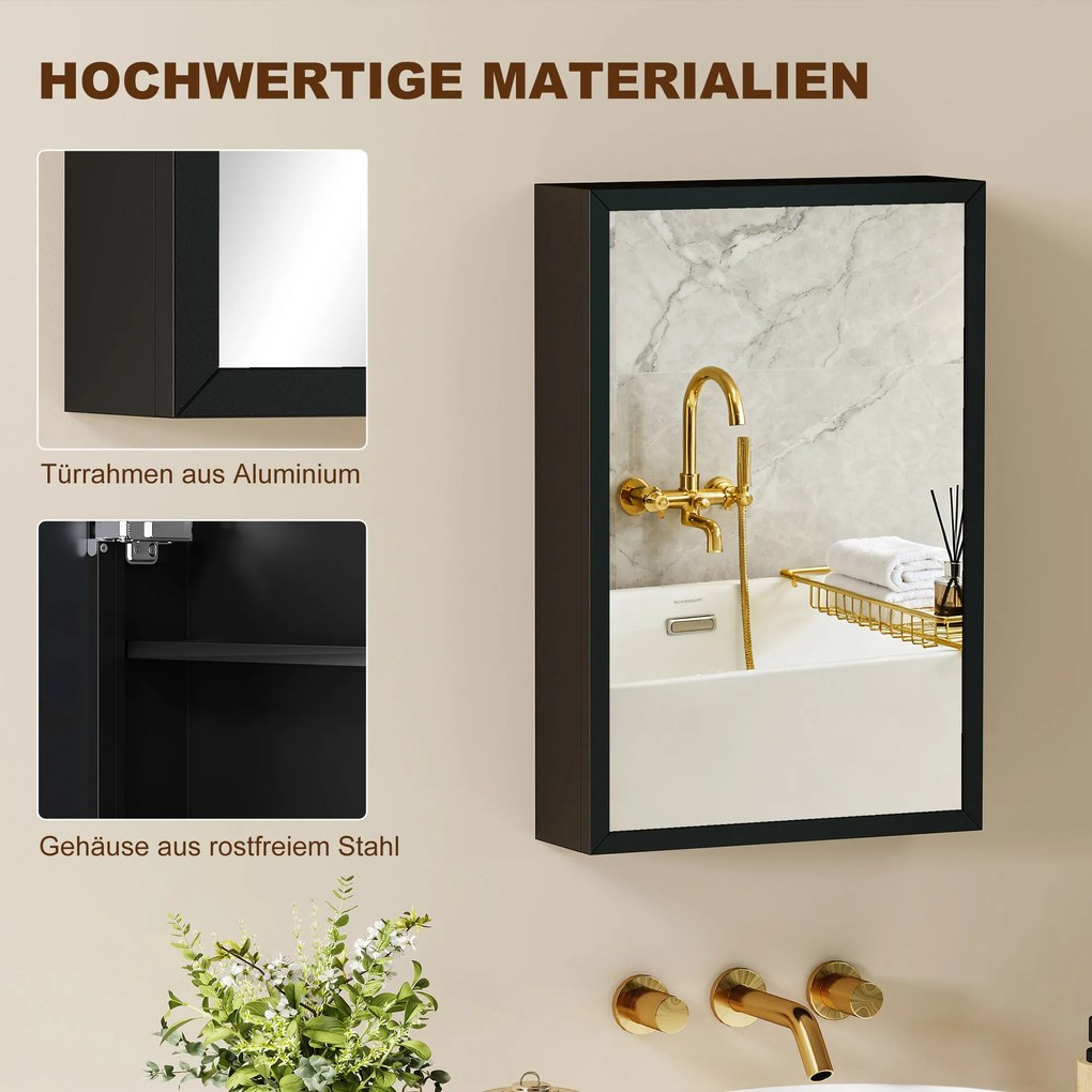 zrcadlová skříňka Kleankin, koupelnová skříňka se 3 policemi, skříňka na léky, nástěnná skříňka do ložnice, černá, 40 x 12 x 60 cm | Aosom