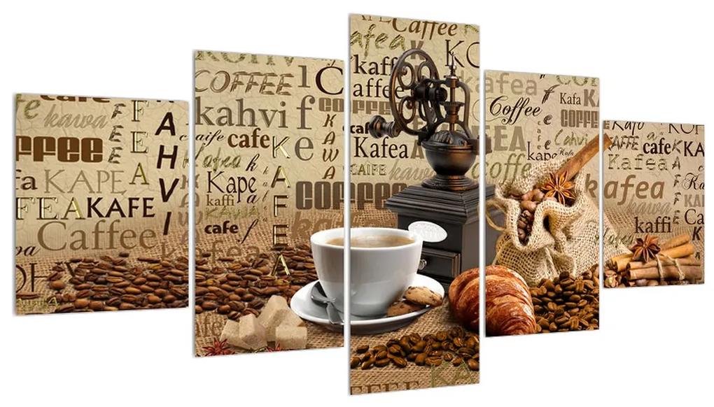 Obraz kávy, mlýnku a croissantů (150x80 cm)