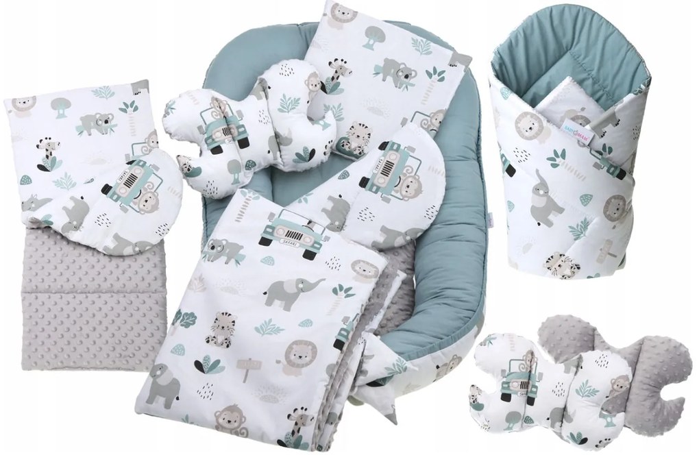 Oboustranné hnízdečko (kokon) pro miminko - BABYMAM PREMIUM set 7v1 - Na safari s šedou minky