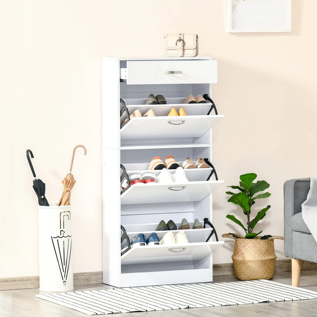 HOMCOM Skříň na boty - 3 skládací dveře a posuvná zásuvka - rozměry 62Š x 24H x 135V cm - hliníkové úchyty. Dřevotříska Bílá