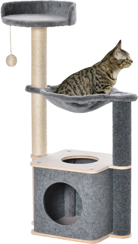 PawHut Kočičí Škrabací Strom 48x34x95 cm Kočičí Věž s Houpací Síťkou, Odnímatelnou Jeskyní, Visící Kuličkou a Sisalovými Sloupky Šedá | Aosom