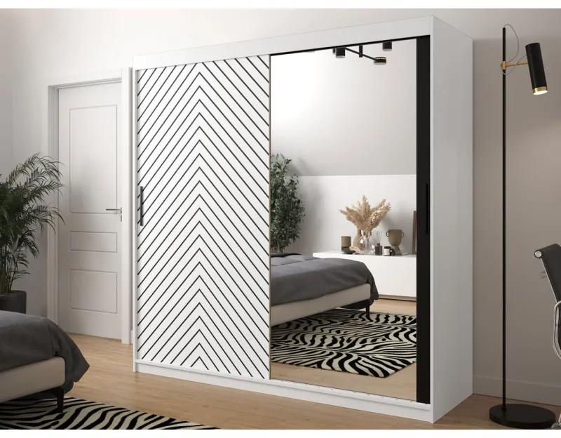Šatní skříň se zrcadlem na jedné straně Ratintu 2 200 cm, Úložný prostor: ano, Barva: bílá / bílá + černý mat