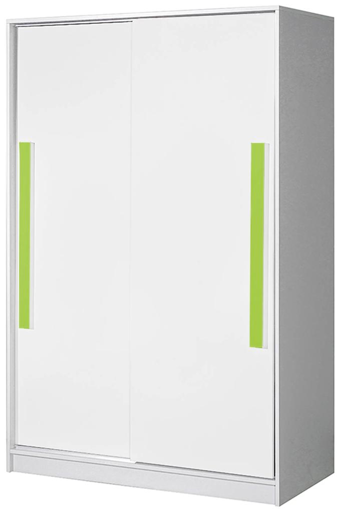 Šatní skříň s posuvnými dveřmi GULIVER 12 Domel 120/191/60 barva: bílý mat/bílý lesk/zelené úchyty