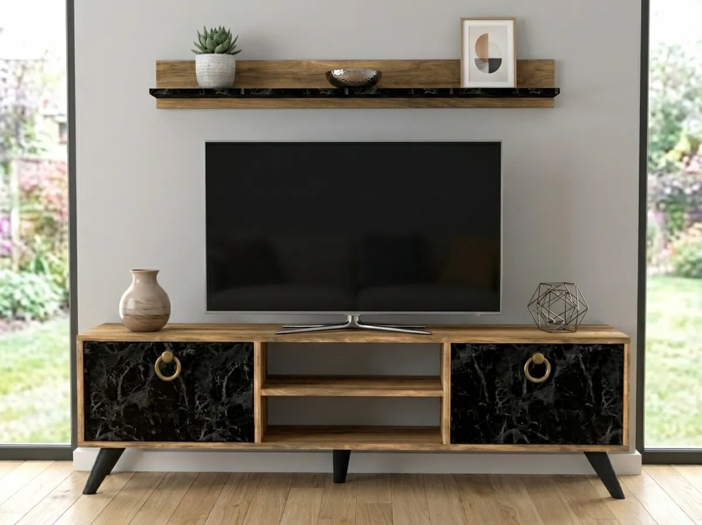 TV stolek ZEN 160 cm s nástěnnou policí, dekor ořech/černý mramor