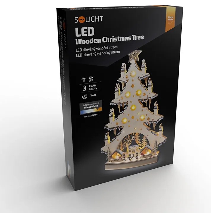SOLIGHT LED dřevěný vánoční stromek s dekoracemi, 23x LED, přírodní barva, 64cm, 2x AA