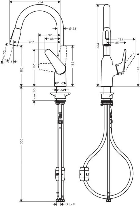 Hansgrohe Focus M42, dřezová baterie M429-H180 s výsuvnou sprškou, vzhled nerezavějící oceli, HAN-71801800