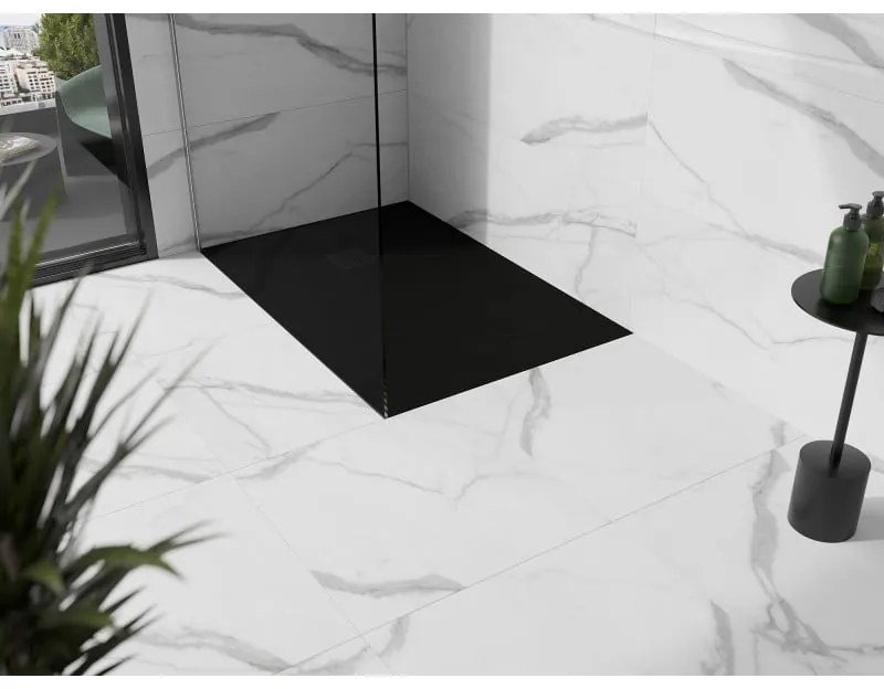Mexen Stone+, obdélníková vanička z minerálního kompozitu 140 x 100 cm, černá, černá krytka, 44701014-B
