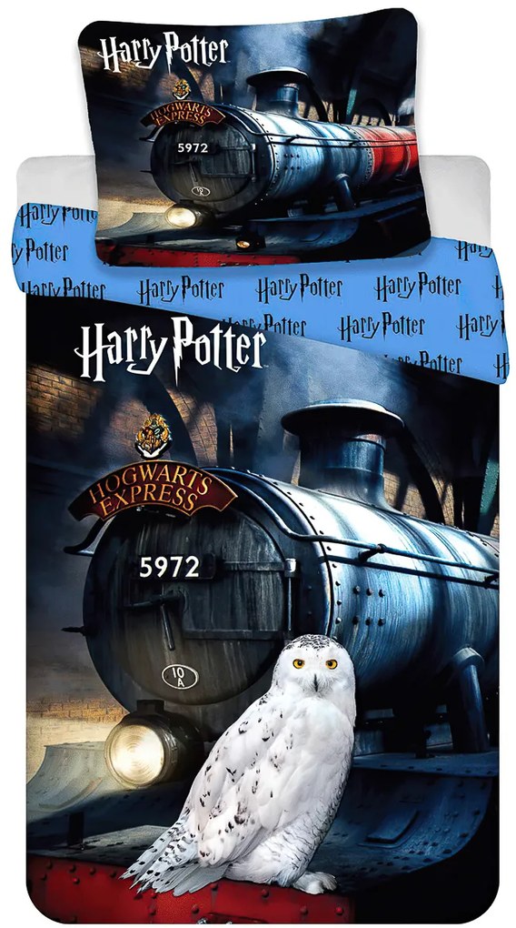 Jerry Fabrics Dětské povlečení HARRY POTTER 111, sova Hedvika a Bradavický expres, tmavě modré, bavlna hladká, 140x200cm + 70x90cm