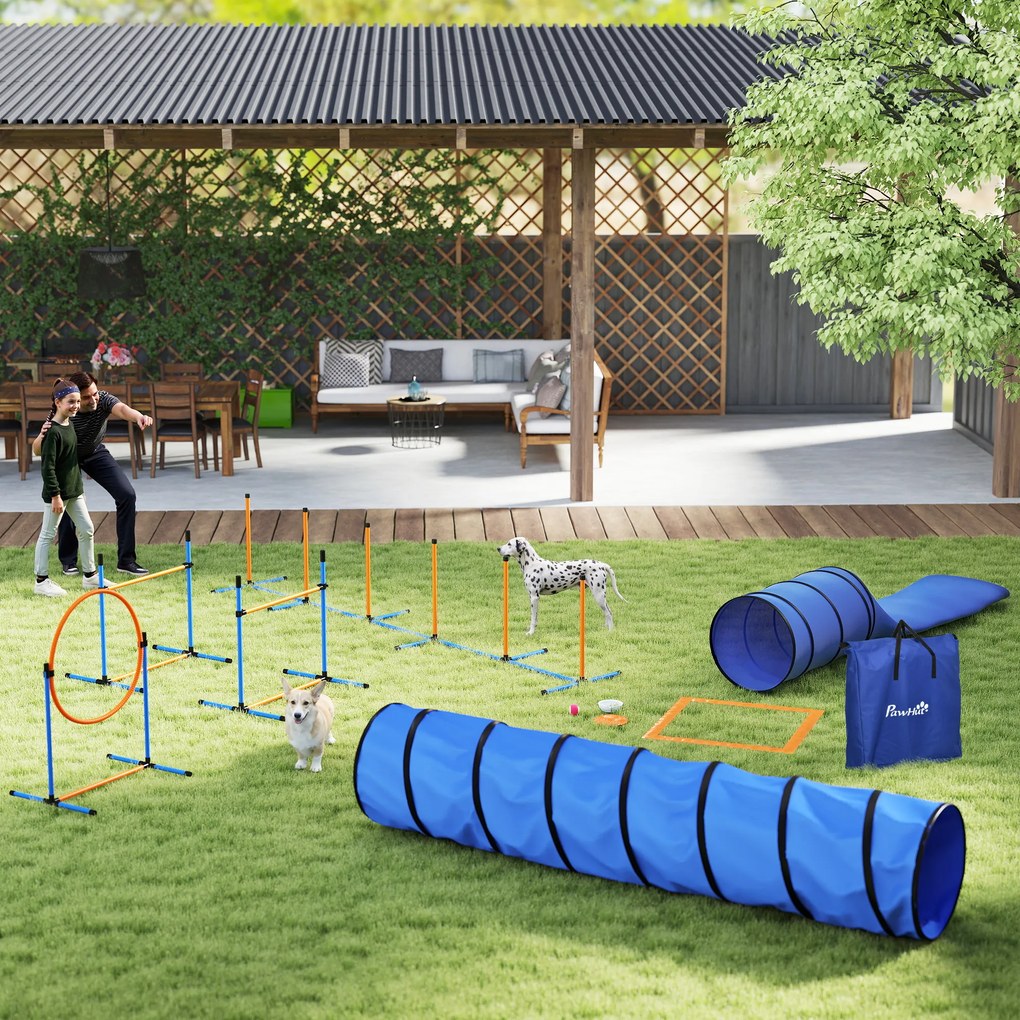 PawHut Agility set pro psy 11dílné agility vybavení pro psy se 2 tunely Výškově nastavitelný skákací kruh a překážky Slalomová tyč