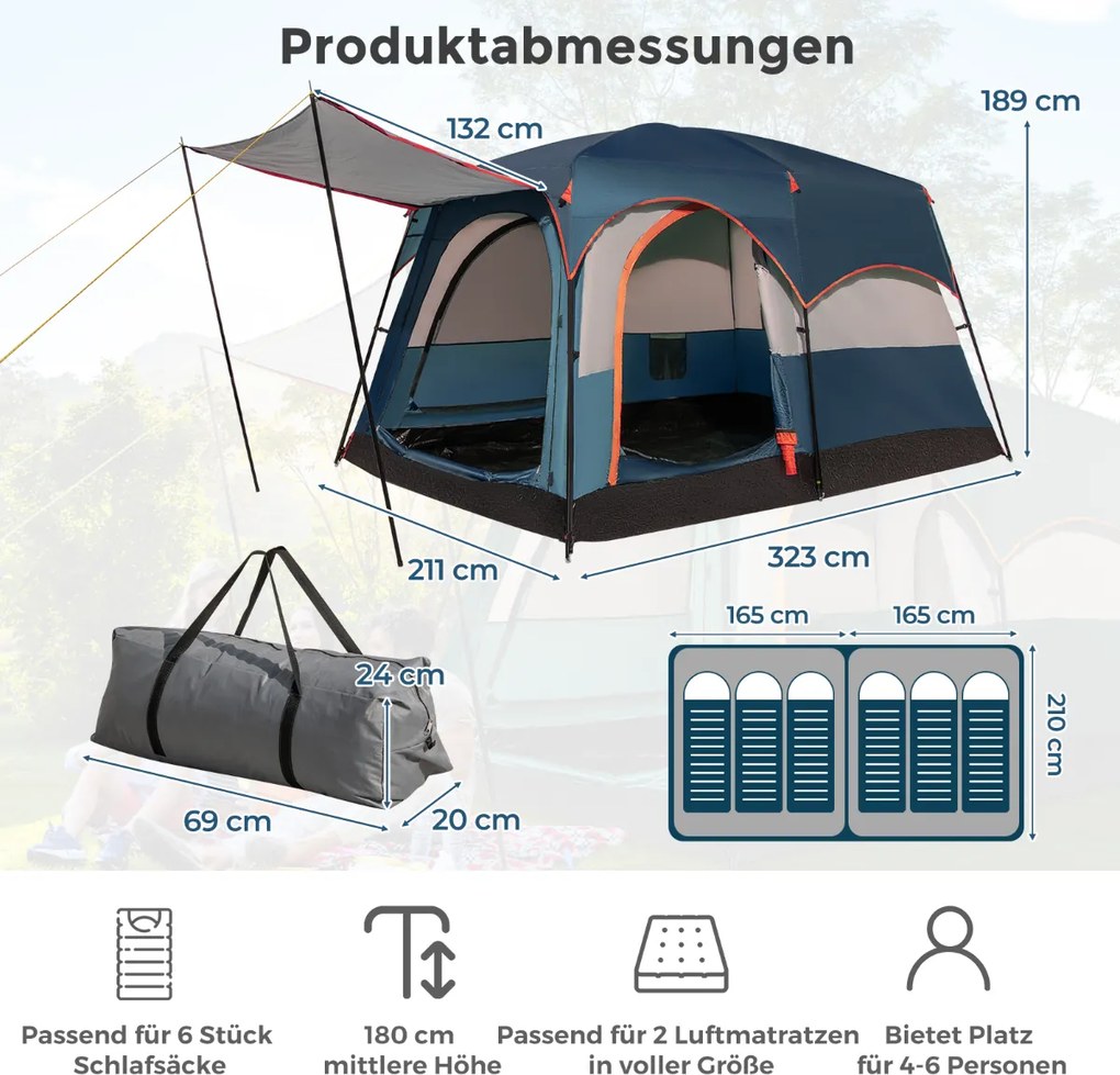 Costway Kempingový stan pro 6 osob s 2 přepážkou místnosti a pláštěnkou
