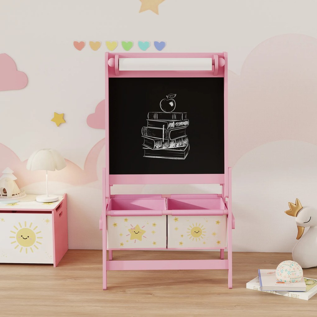 AIYAPLAY Dětský stojan 3 v 1 dětská tabule s křídlovou tabulí, whiteboard, role papíru, 2 úložné boxy, pro 3-8 let, růžová