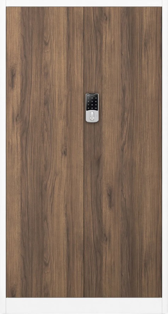 Kovová kancelářská skříň se zámkem na kód bílá, ořech, 900x1850x400 mm: DANIEL Eco Design