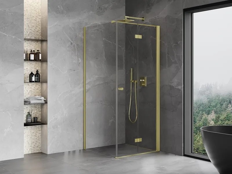 Mexen Mist-F T, 1-křídlý skládací sprchový kout pravý 90 x 90 cm, čiré sklo, zlatý matný profil, 8A6T-090-090-55-00-P