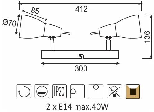 ACA DECOR Přisazené bodové svítidlo KAMET max. 2x40W/E14/230V/IP20