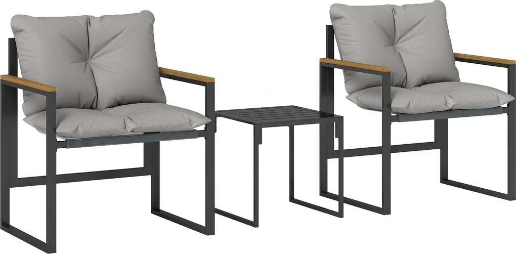 Outsunny 3dílný bistro set pro 2 osoby — kovový rám, polstrovaná křesla a odkládací stolík, zahradní nábytek na balkon, terasu nebo trávník