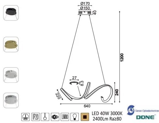 ACA DECOR LED závěsné svítidlo CLEO, mosazná barva