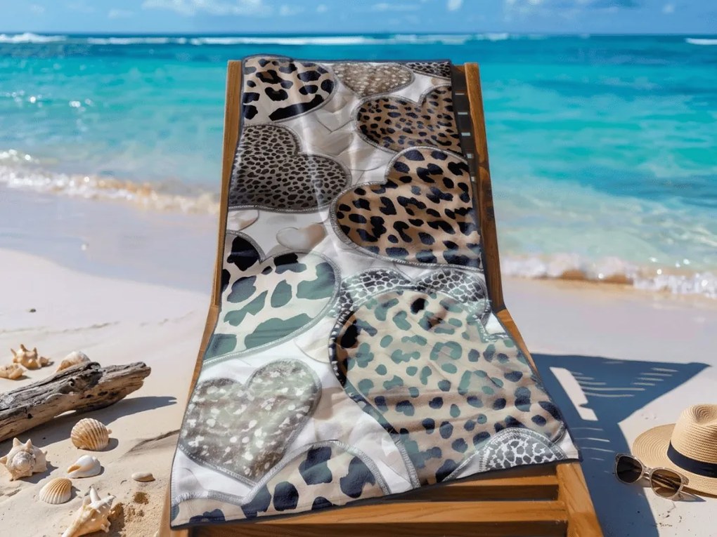 Rychleschnoucí plážová osuška LEOPARD HEARTS hnědo-bílá 70 x 140 cm, 100% mikrovlákno