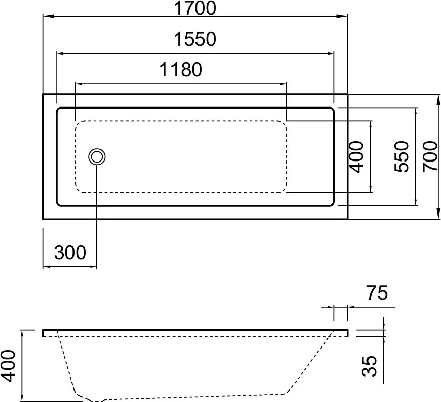 Erga Pureline-S, vana 1800x800x400 mm bez nožiček, bílá lesklá, ERG-V07-PURELINE-S-180x080-WH
