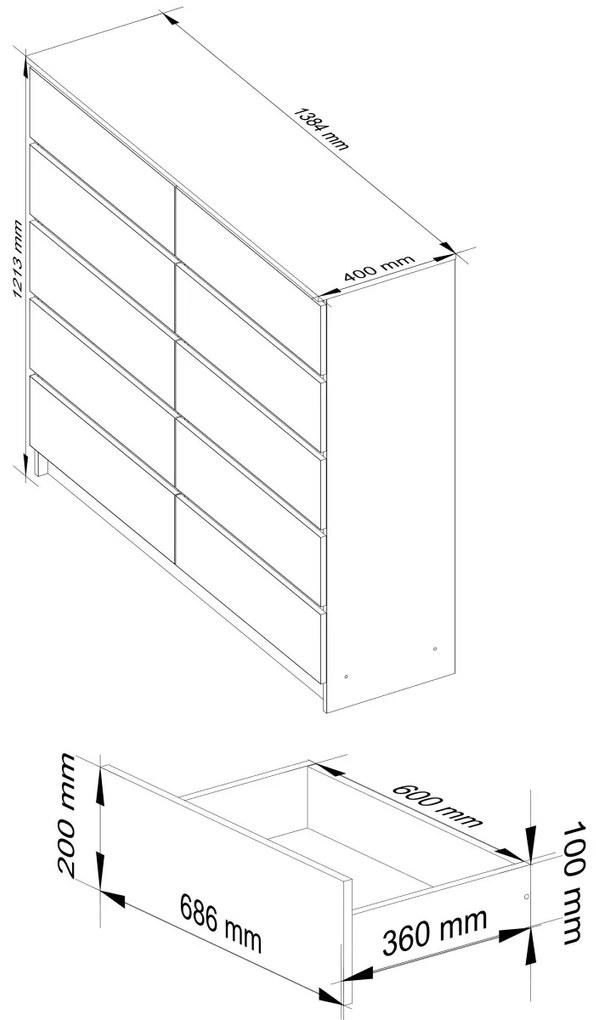 Komoda Kuba 140 cm 10 šuplíků dub artisan/bílá