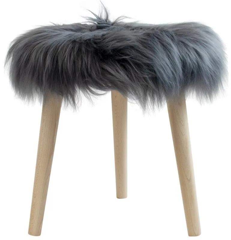 Dřevěná kulatá stolička s tmavě šedým chlupatým sedákem z ovčí kůže - Ø 36*45cm