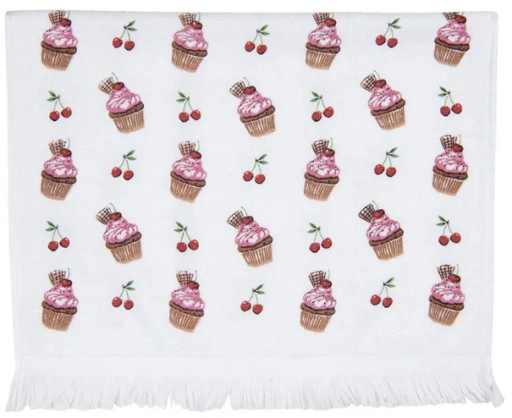 Bílý kuchyňský froté ručník s dortíčky Cherry Cupcake – 40x66 cm